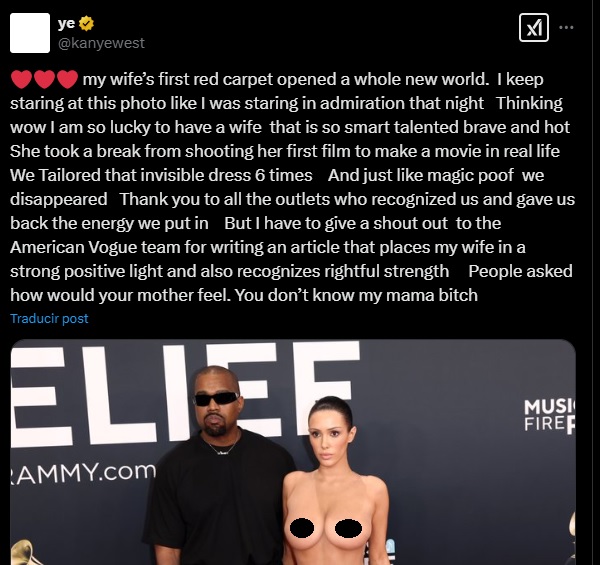 Kanye West responde críticas y defiende a Bianca Censori tras su polémico vestido en los Grammy ...
